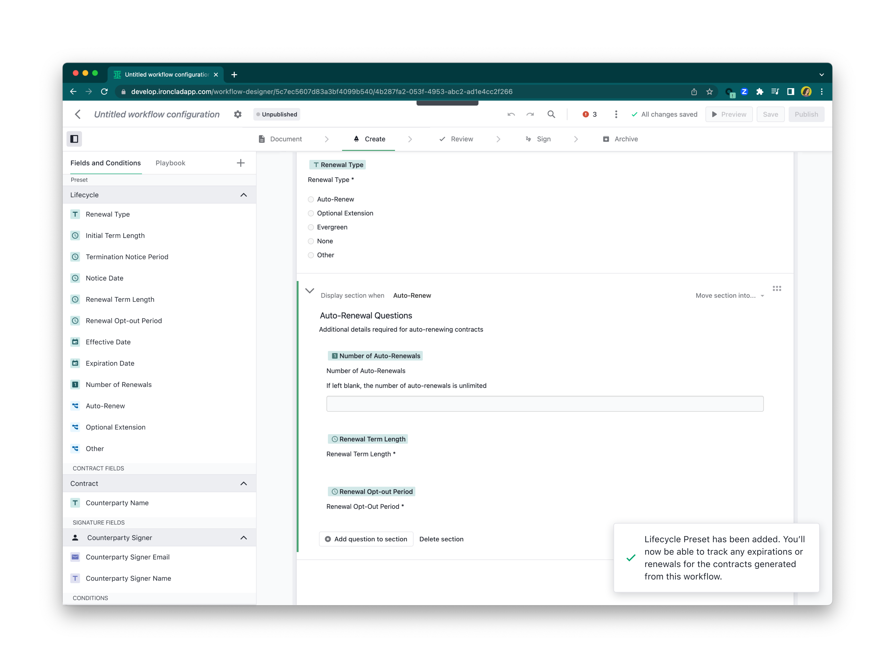 Use the Lifecycle Preset in Workflow Designer – Ironclad