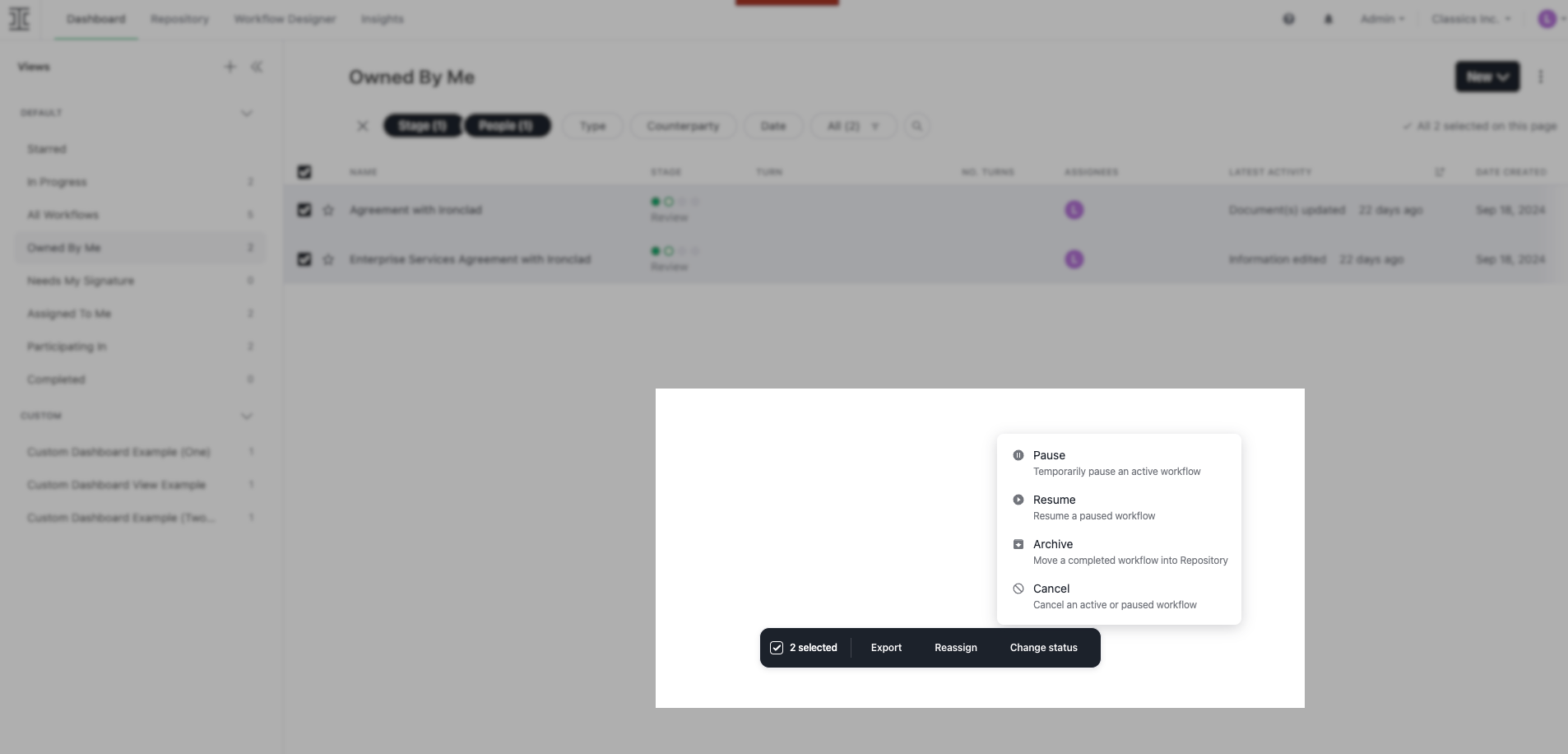 Use Bulk Actions on the Dashboard – Ironclad