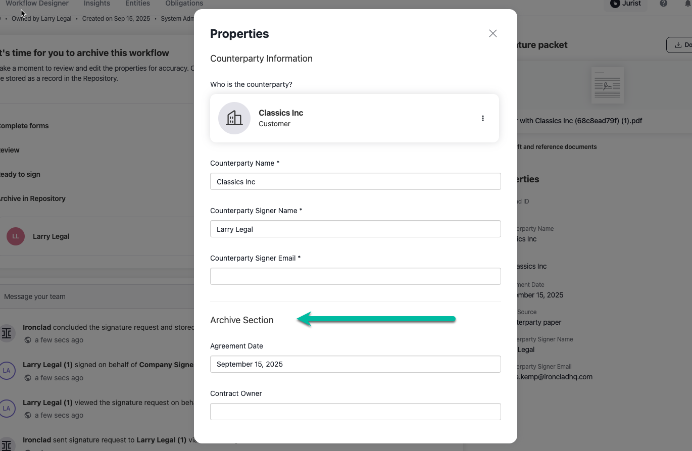 Configure Properties to Only Display at Review or Archive Step – Ironclad